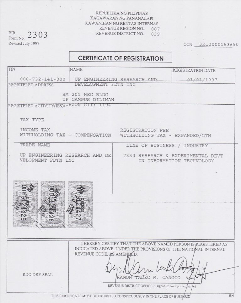 UPERDFI BIR Form 2303 UP Engineering R D Foundation Inc 